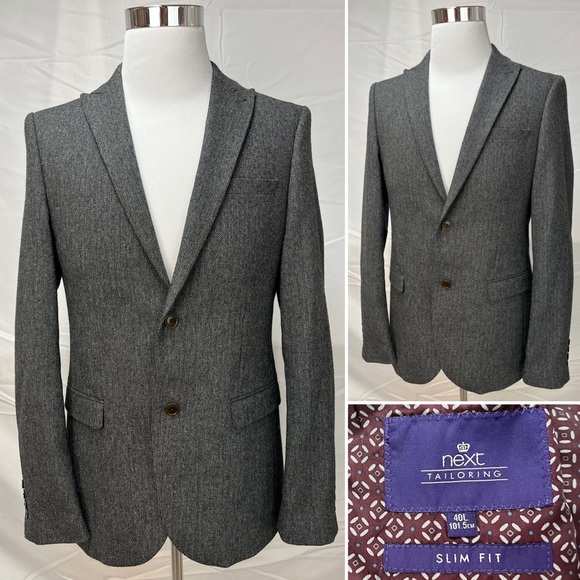 next | Suits & Blazers | Next Tailoring Slim Fit Black Gray Herringbone ...